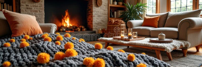 Cozy Living Room with Fireplace and Chunky Knit Blanket on Autumn Day ...