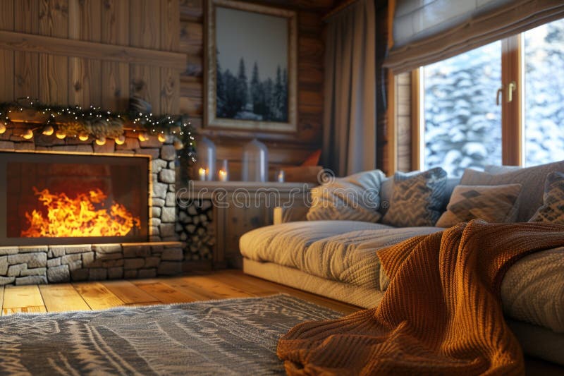 Cozy Living Room with Fireplace and Couch Stock Image - Image of warmth ...