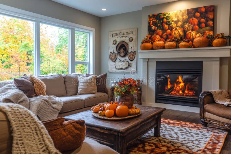 Cozy Living Room with Fireplace, Fall Decor, and View of Autumn Trees ...