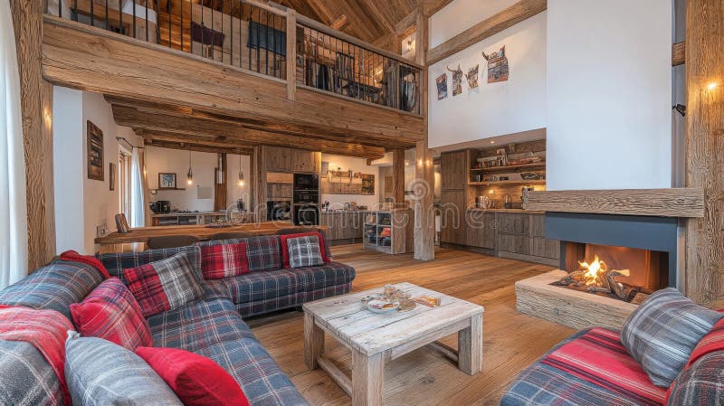 Cozy Living Room with Fireplace and Loft in a Rustic Cabin Stock ...