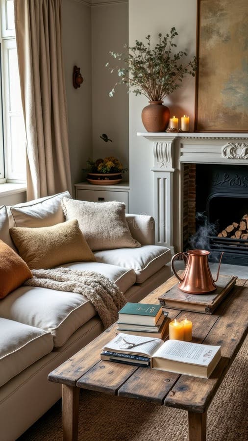 Cozy Living Room with Fireplace, Rustic Decor, and Soft Textiles Stock ...