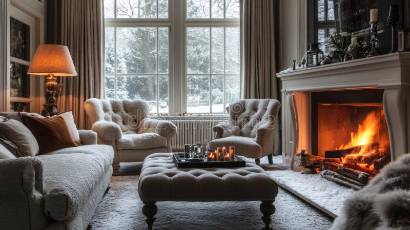 Cozy Living Room with Fireplace and Snow-Covered View Stock ...