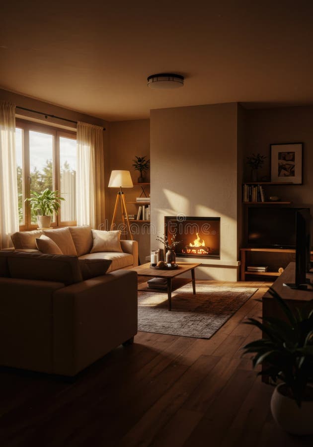 Cozy Living Room with Fireplace and Warm Lighting Stock Illustration ...