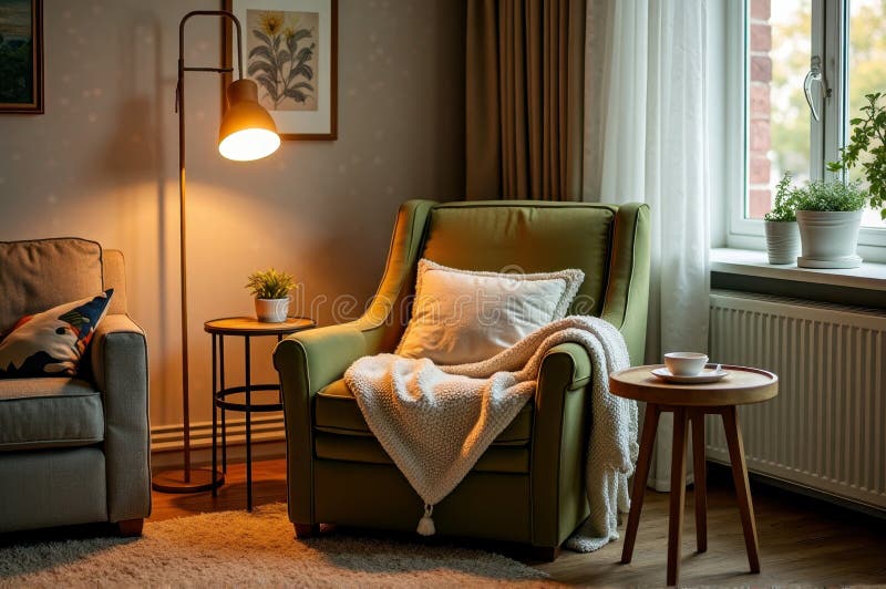 Cozy Living Room with Green Armchair and Warm Lighting by the Window ...