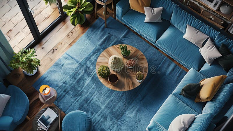 Cozy Living Room Interior with Blue, Flat Lay Top View Stock ...