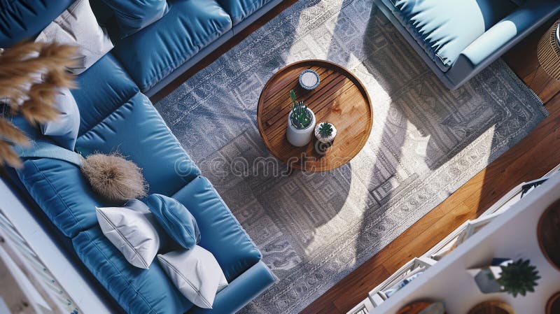 Cozy Living Room Interior with Blue, Flat Lay Top View Stock ...