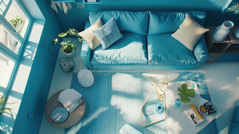Cozy Living Room Interior with Blue, Flat Lay Top View Stock ...
