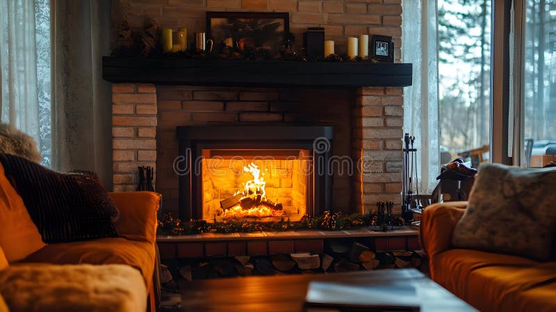 Cozy Living Room Interior with Brick Fireplace and Warm Firelight ...