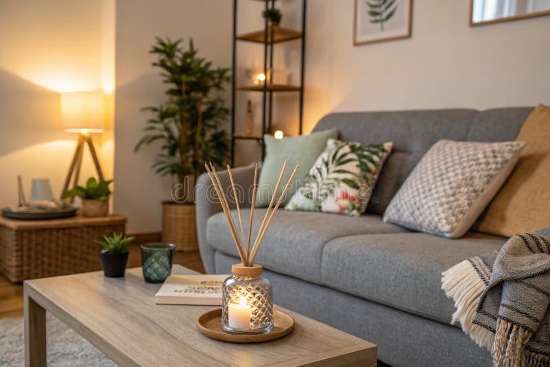 Cozy Living Room Interior Grey Sofa Reed Diffuser Stock Photos - Free ...