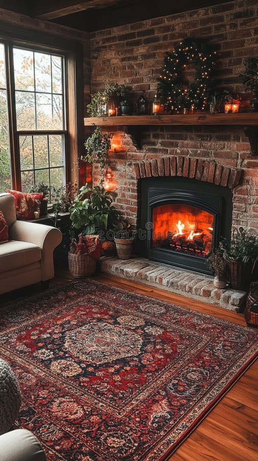Cozy Living Room Interior with Fireplace and Red Rug Stock Illustration ...