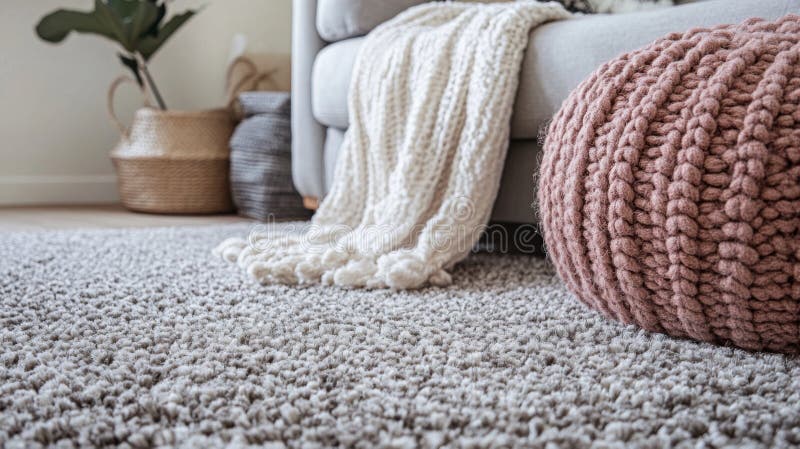 Cozy Living Room Interior with Knitted Blankets and Rug Stock ...