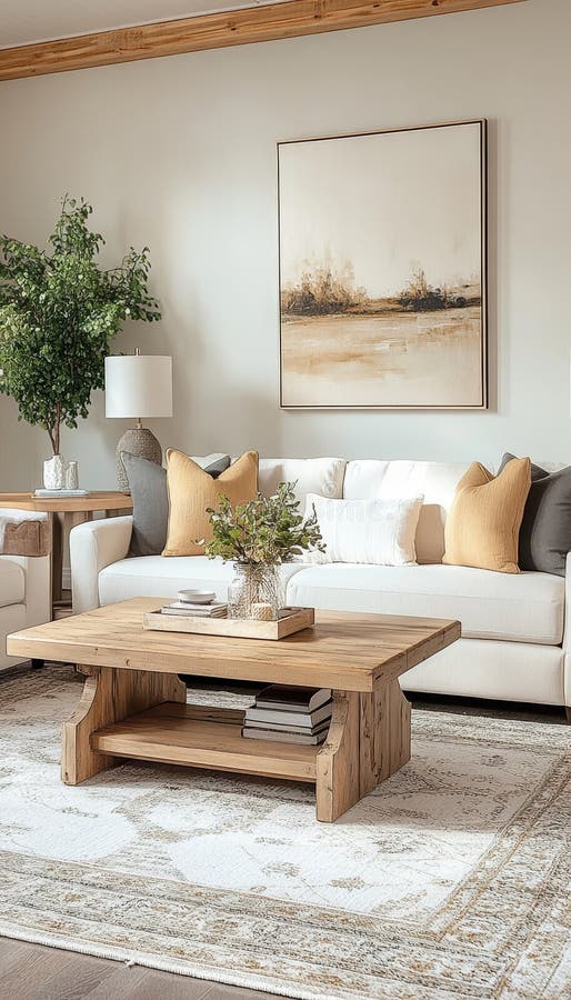 Cozy Living Room Interior with Neutral Sofa, Rustic Coffee Table, and ...