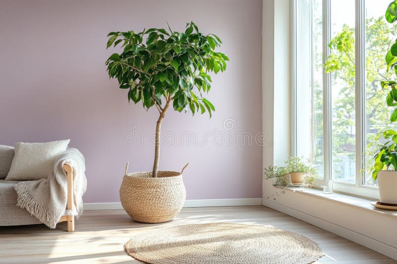 Cozy Living Room Interior with Potted Tree and Natural Light from Large ...