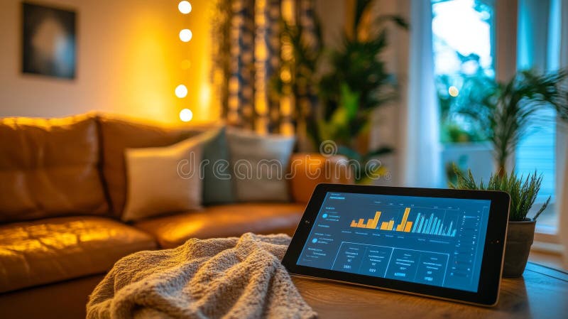 Cozy Living Room Interior with Tablet Displaying Data Graph Stock ...