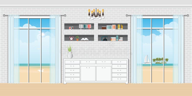 Cozy Living Room Interior View through the Window Seaside Stock Vector ...