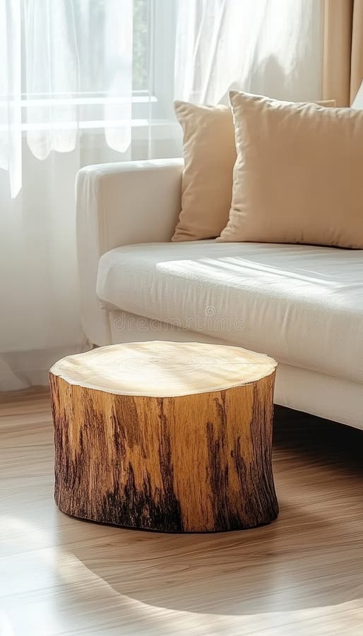 Cozy Living Room Interior with White Sofa, Tree Stump Coffee Table, and ...