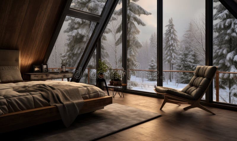 Cozy Living Room Interior in Winter with a Large Window Overlooking the ...