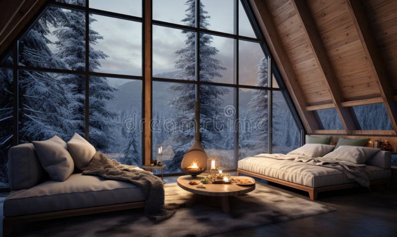 Cozy Living Room Interior in Winter with a Large Window Overlooking the ...