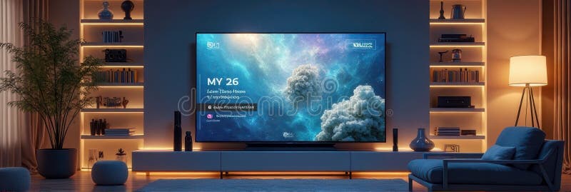 Cozy Living Room with Large Tv Displaying a Space Scene Stock Photo ...