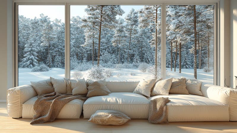 Cozy Living Room with Large Window Overlooking Winter Forest Scene ...