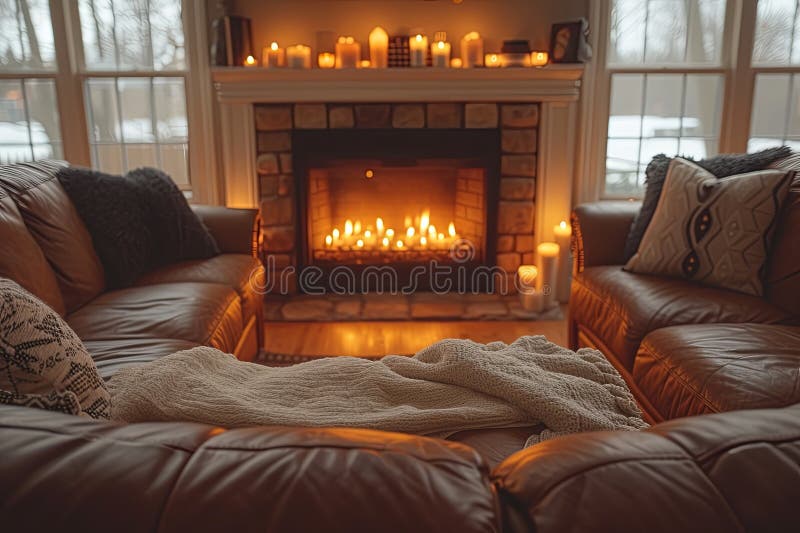 Cozy Living Room with Lit Fireplace and Leather Couches. Warm and ...