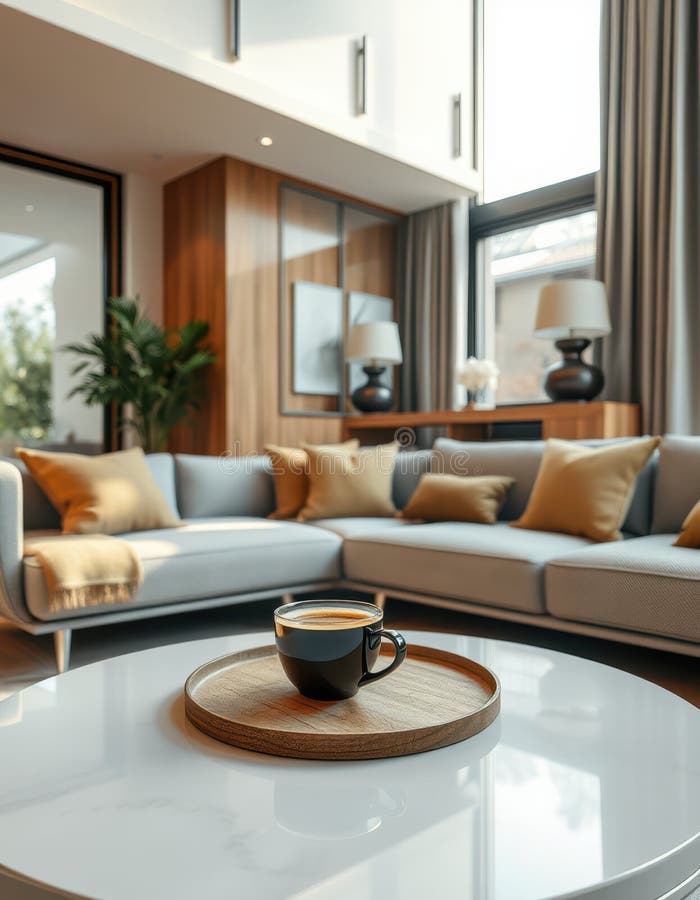 Cozy Living Room with Modern Decor, Inviting Sofa, and Cup of Coffee on ...