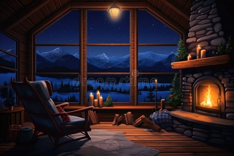 Cozy Living Room in the Mountains at Night. Stock Illustration ...