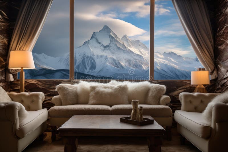 Cozy Living Room Overlooking Snow-capped Mountains Stock Photo - Image ... Cozy Living Room Overlooking Snow-capped Mountains Stock Photo - Image ...