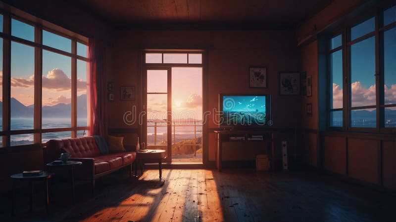 Cozy Living Room with Panoramic Window Views of Sunset Over Mountains ...