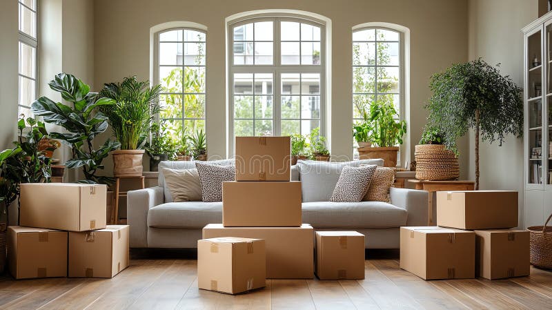 Cozy Living Room with Plants and Stacked Cardboard Boxes for Moving ...