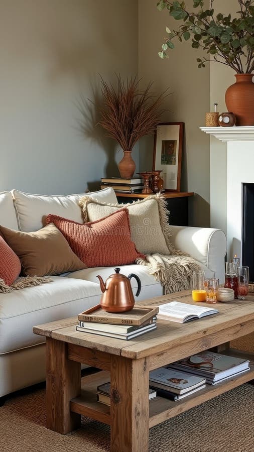 Cozy Living Room with Rustic Decor and Warm Earth Tones Stock Image ...