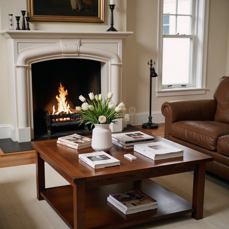 Cozy Living Room Scene Featuring a Fireplace Coffee Table Generative ...