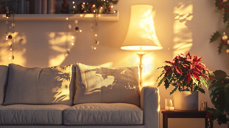 Cozy Living Room with Christmas Decor and Soft Lighting Effects Stock ...