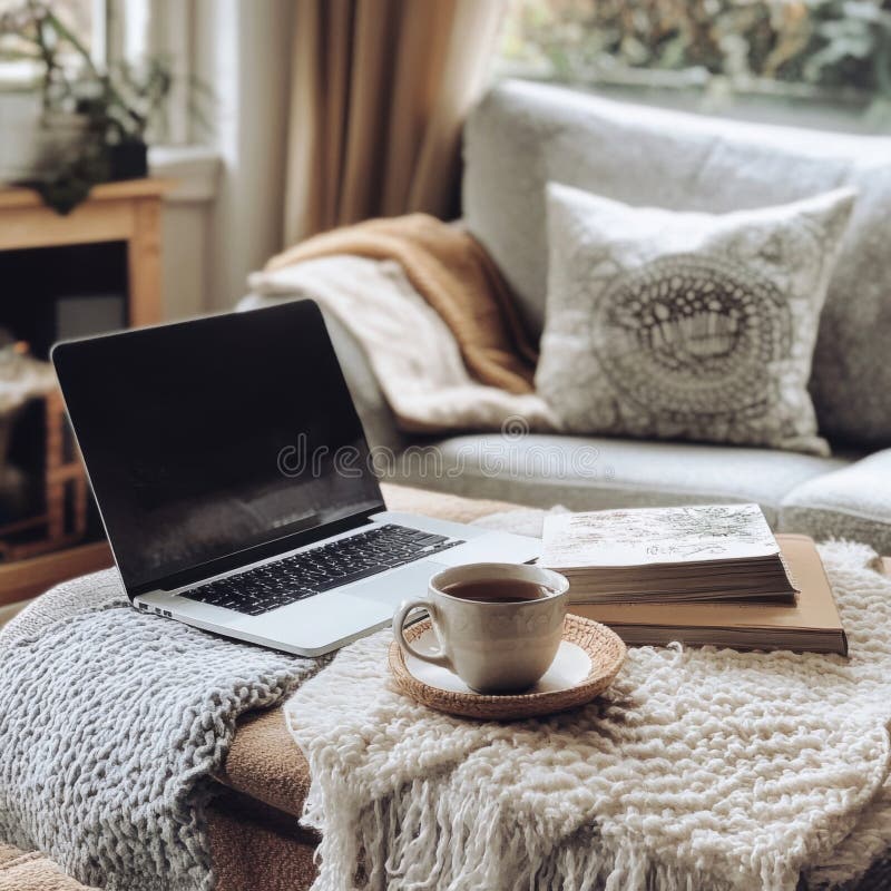 Cozy Living Room Setup with Laptop, Tea, and Books Stock Illustration ...
