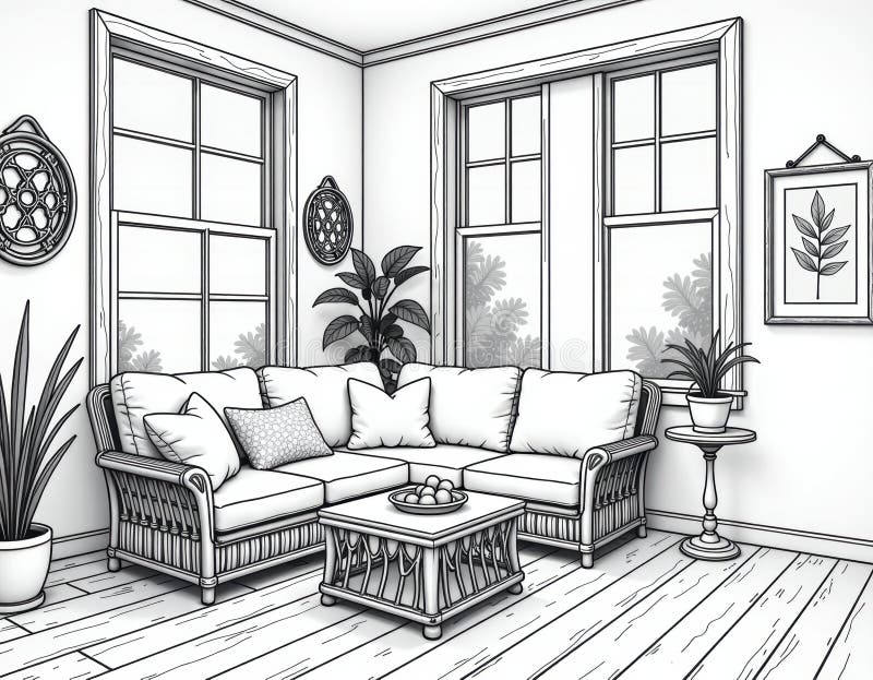 Cozy Living Room Sketch Sectional Sofa, Plants, and Windows Stock ...