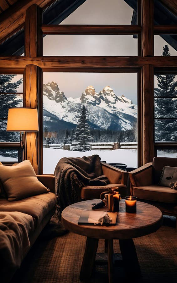 Cozy Living Room with Sofa and Panoramic Window Overlooking the Winter ...