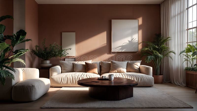 Cozy Living Room with Soft Natural Lighting and Mocha Mousse Interior ...