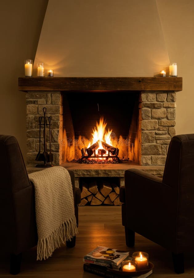 Cozy Living Room with Stone Fireplace and Warm Firelight Stock ...