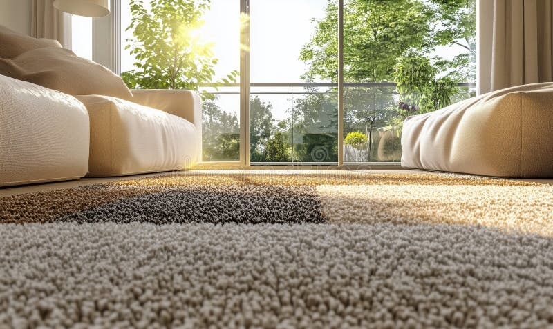Cozy Living Room Sunlight Streaming Large Windows Plush Carpet Stock ...