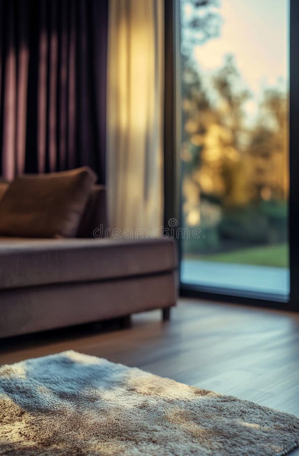 Cozy living room at sunset stock image. Image of large - 345002575