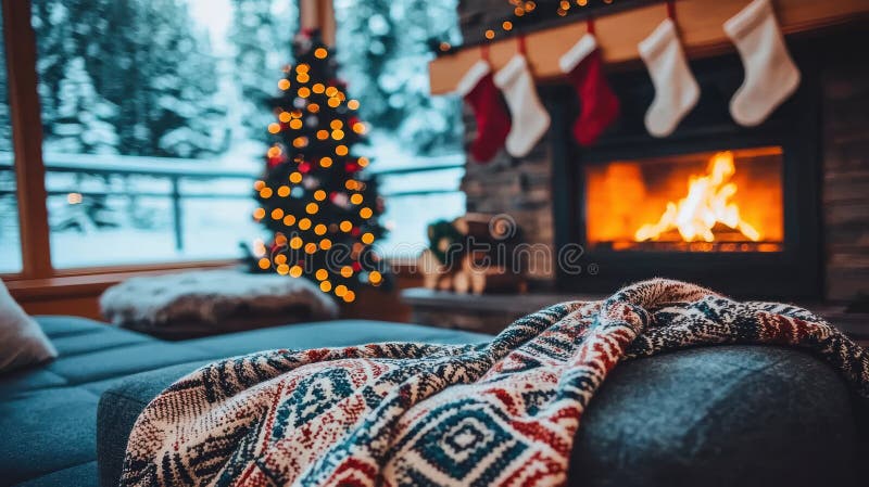 Cozy Living Room with Warm Fireplace and Festive Decorations Stock ...