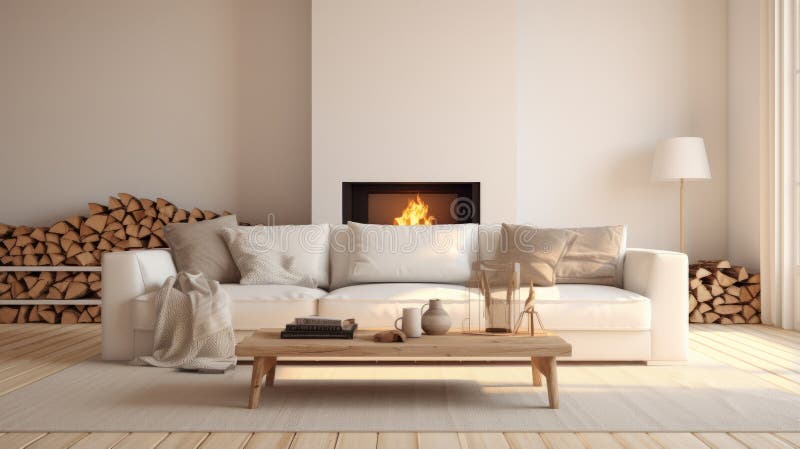 A Cozy Living Room with a White Couch and a Warm Fireplace Stock ...