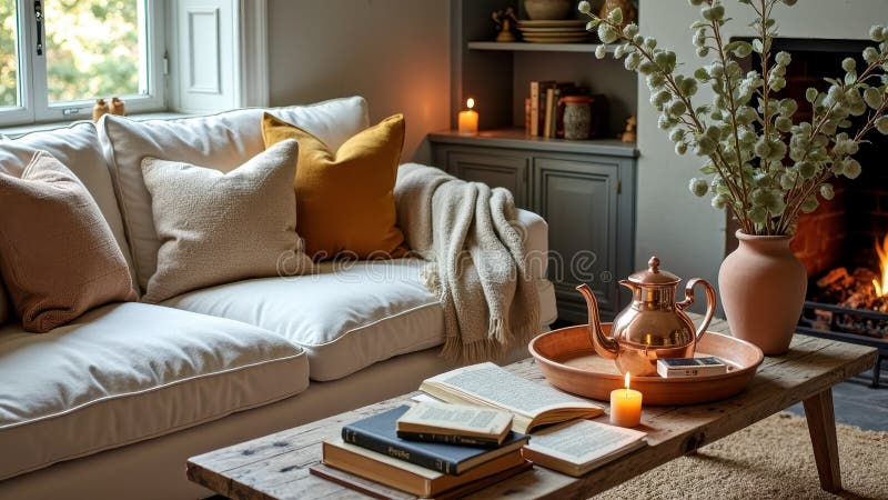 Cozy Living Room with White Sofa, Books, and Tea Set in Warm Ambient ...