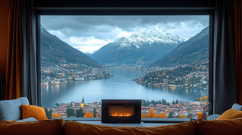 Cozy Living Room Window View of Italian Lake and Mountains at Dusk ...