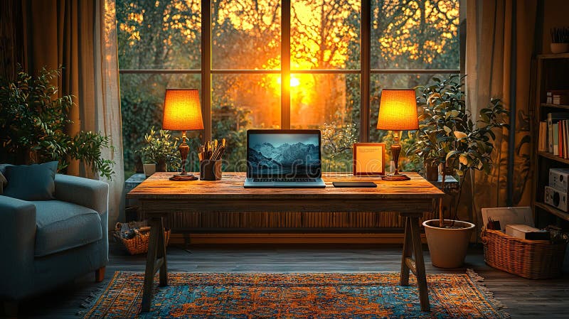 Cozy Living Room Work Setup with Laptop and Soft Lighting Stock ...