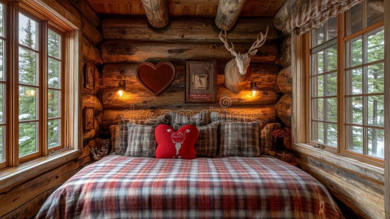 Cozy Log Cabin Bedroom with Plaid Bedding and Rustic Decor Stock ...