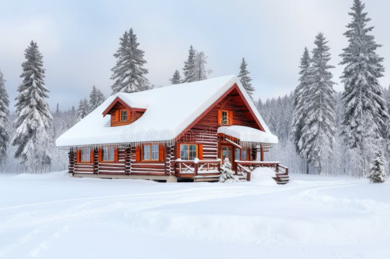 Cozy Log Cabin Covered in Fresh Snow Stock Image - Image of snow, cabin ...