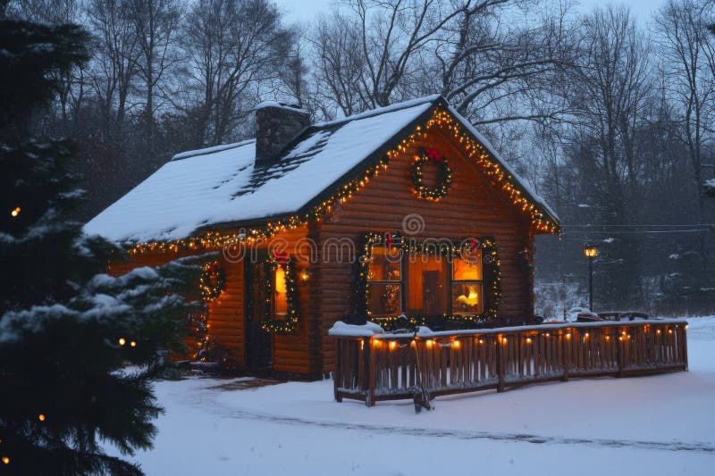 A Cozy Log Cabin Decorated for Christmas with String Lights in a Snowy ...