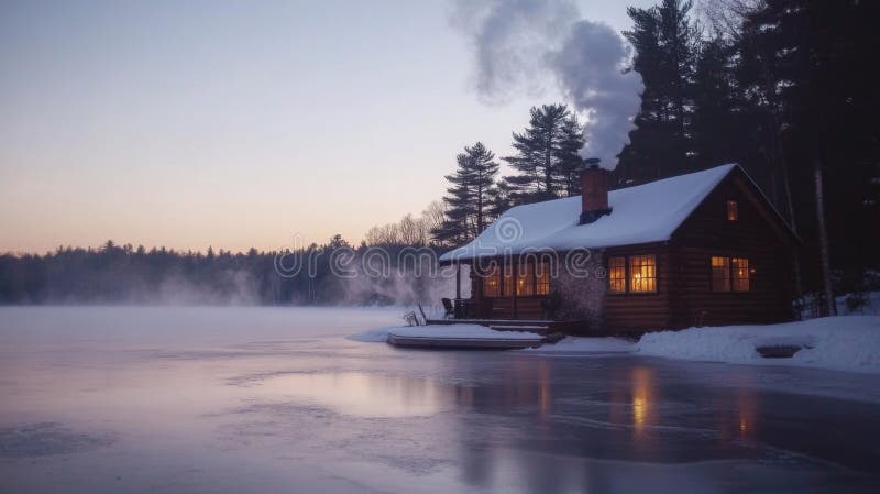A Cozy Log Cabin on a Frozen Lake at Dusk Stock Illustration ...