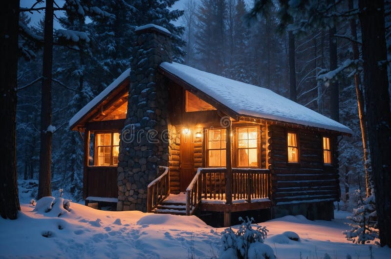 Cozy Log Cabin Illuminated by Warm Lights during a Snowy Evening in a ...